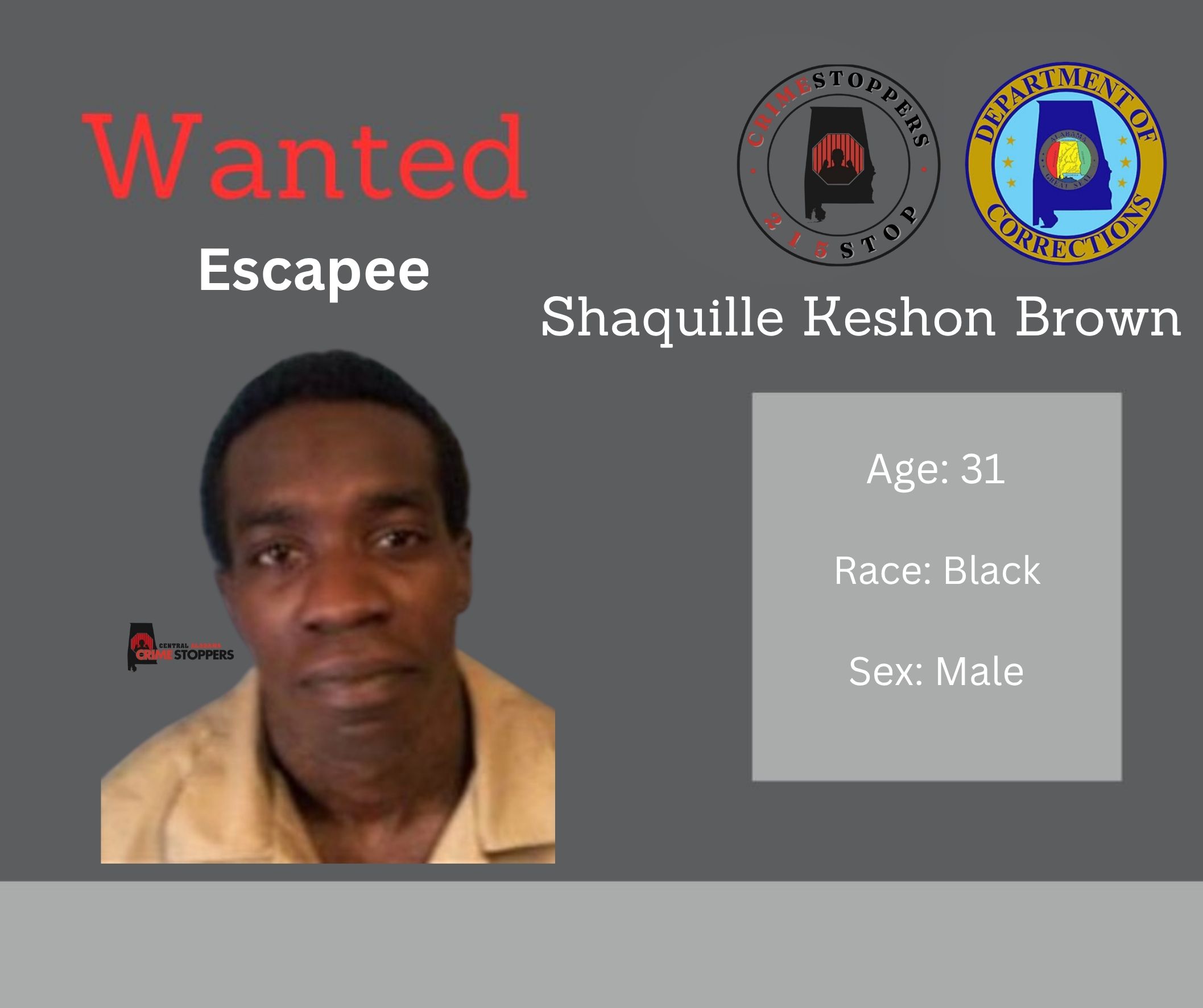Escapee Wanted – Shaquille Keshon Brown - CrimeStoppers 215Stop