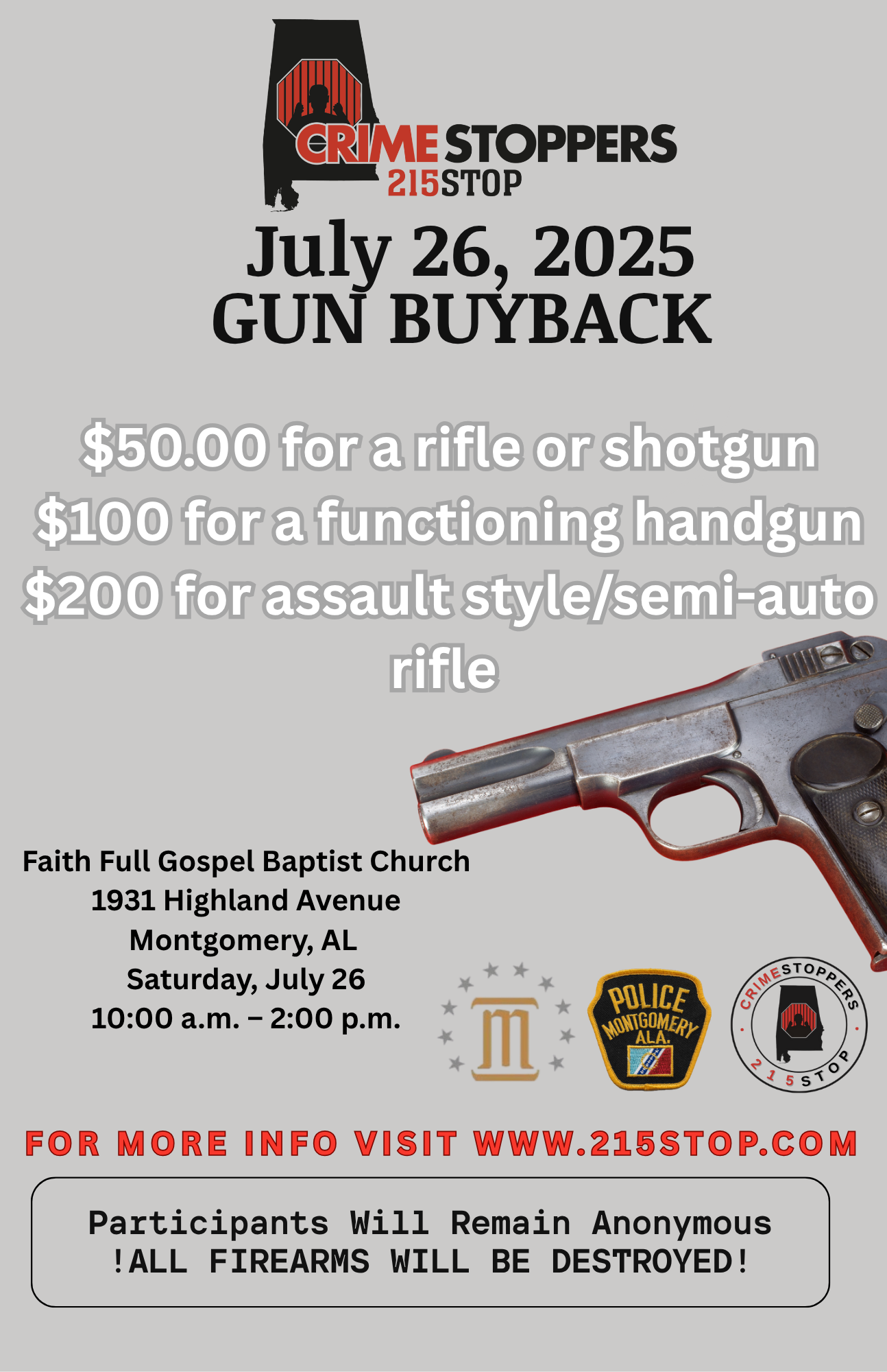 Announcing Gun Buyback July 26, 2025 - CrimeStoppers 215Stop